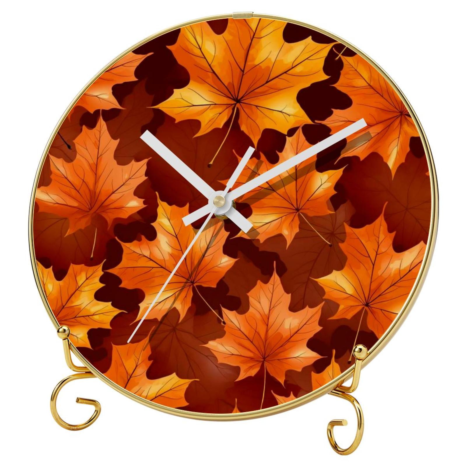 Maple leaf Round Printed Wall Clocks with Hooks and Gold Stand - Silent ...