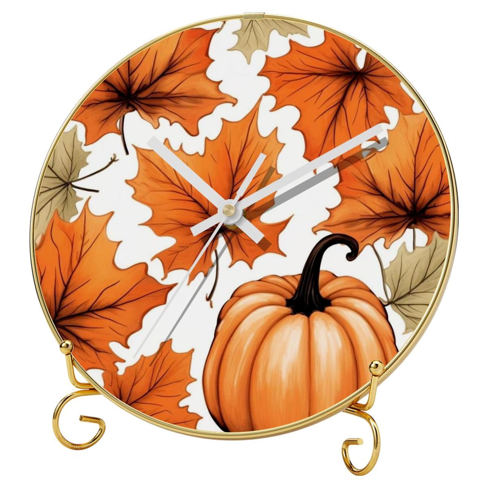 Maple leaf pumpkin Round Printed Wall Clocks with Hooks and Gold Stand ...