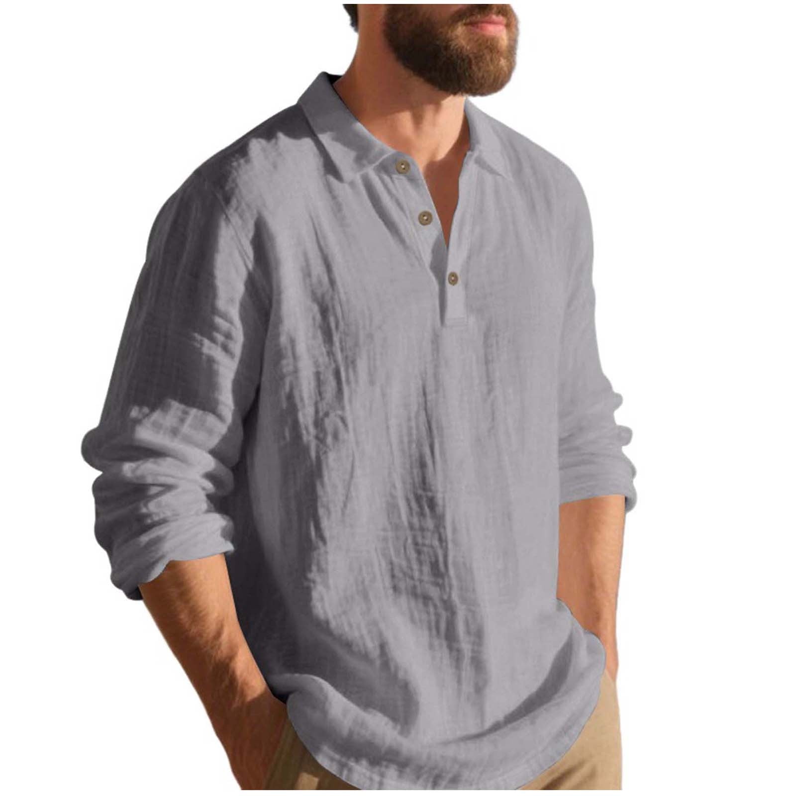 Maplenight Polo Shirts for Men Linen Lapel Long Sleeve Pullover Tops ...