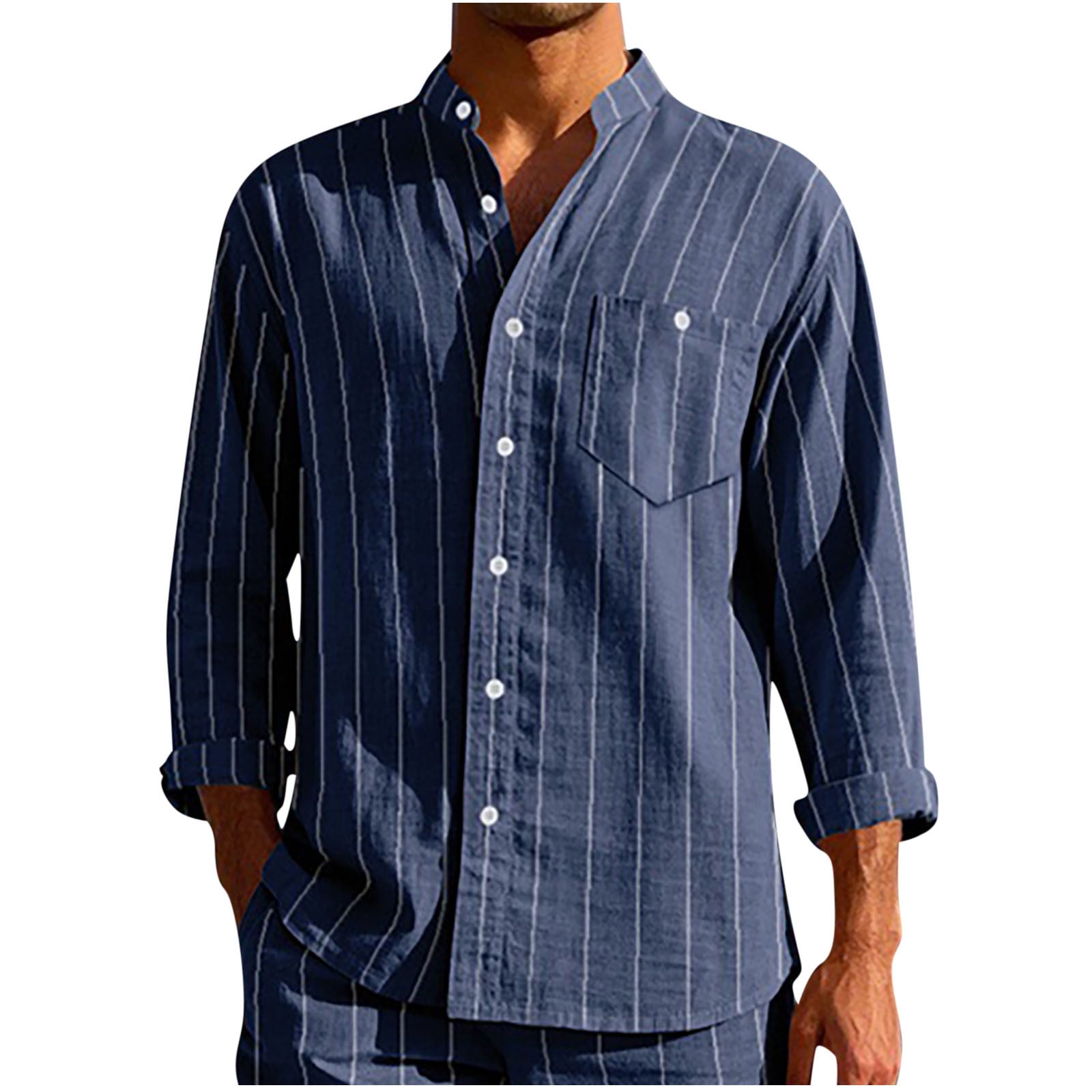 Maplenight Mens Button Down Shirts Stand Collar Long Sleeve Breathable ...