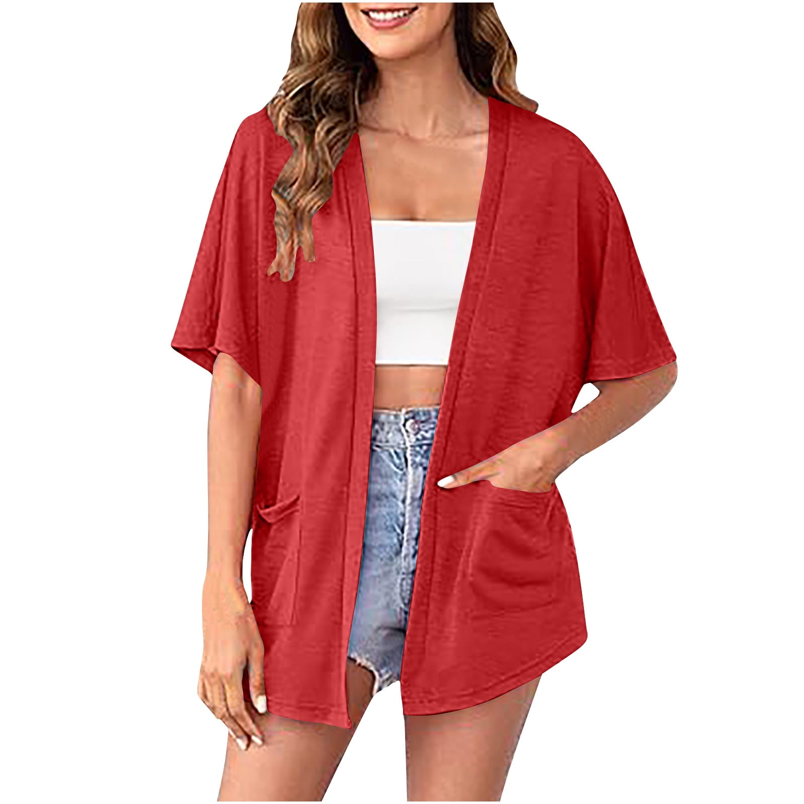 Maplenight Womens Cardigan Summer Solid Color Short Sleeve Open Front ...