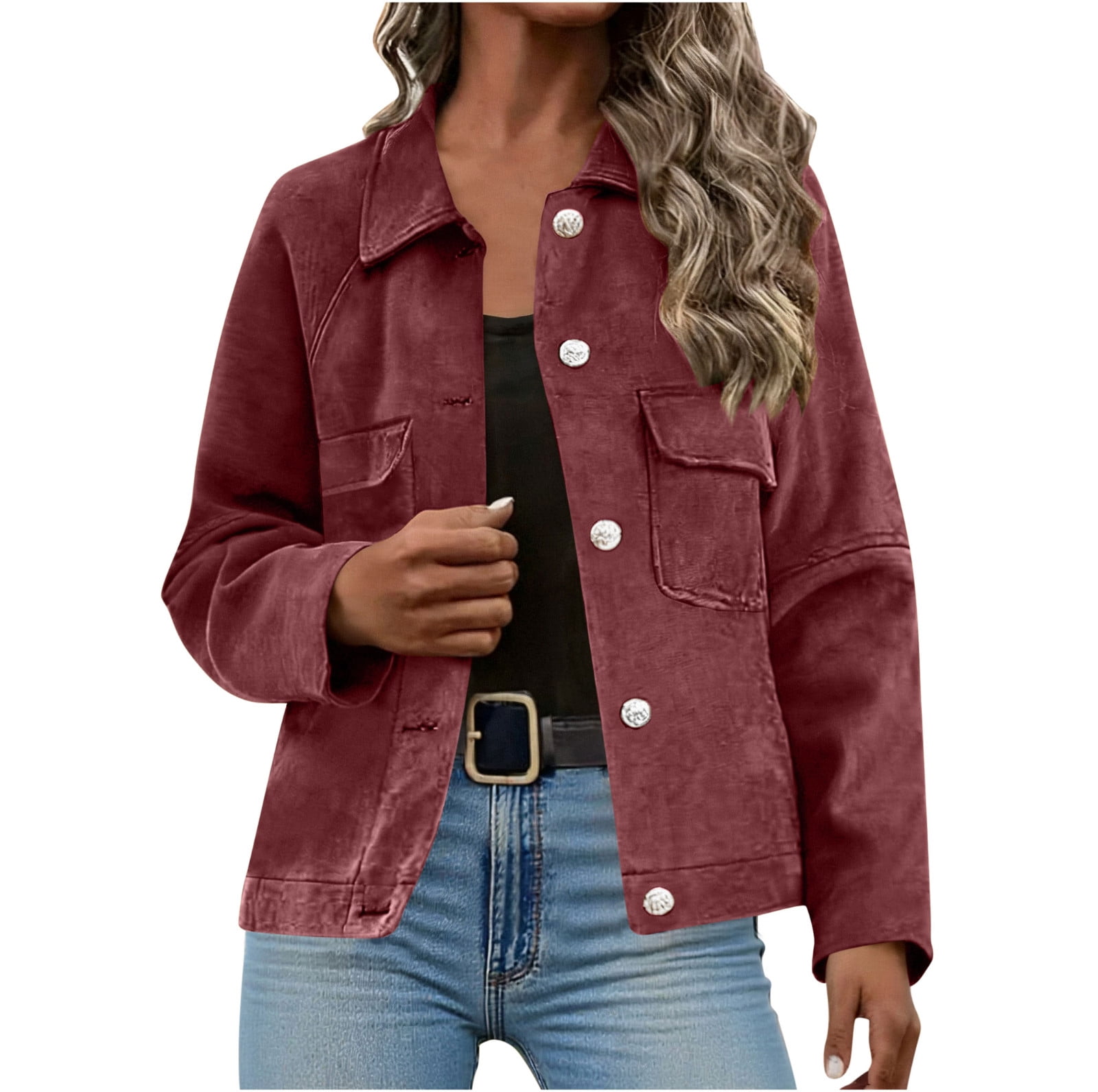 Maplenight Womens Cropped Jackets Casual Fall Winter Coats Button Down ...