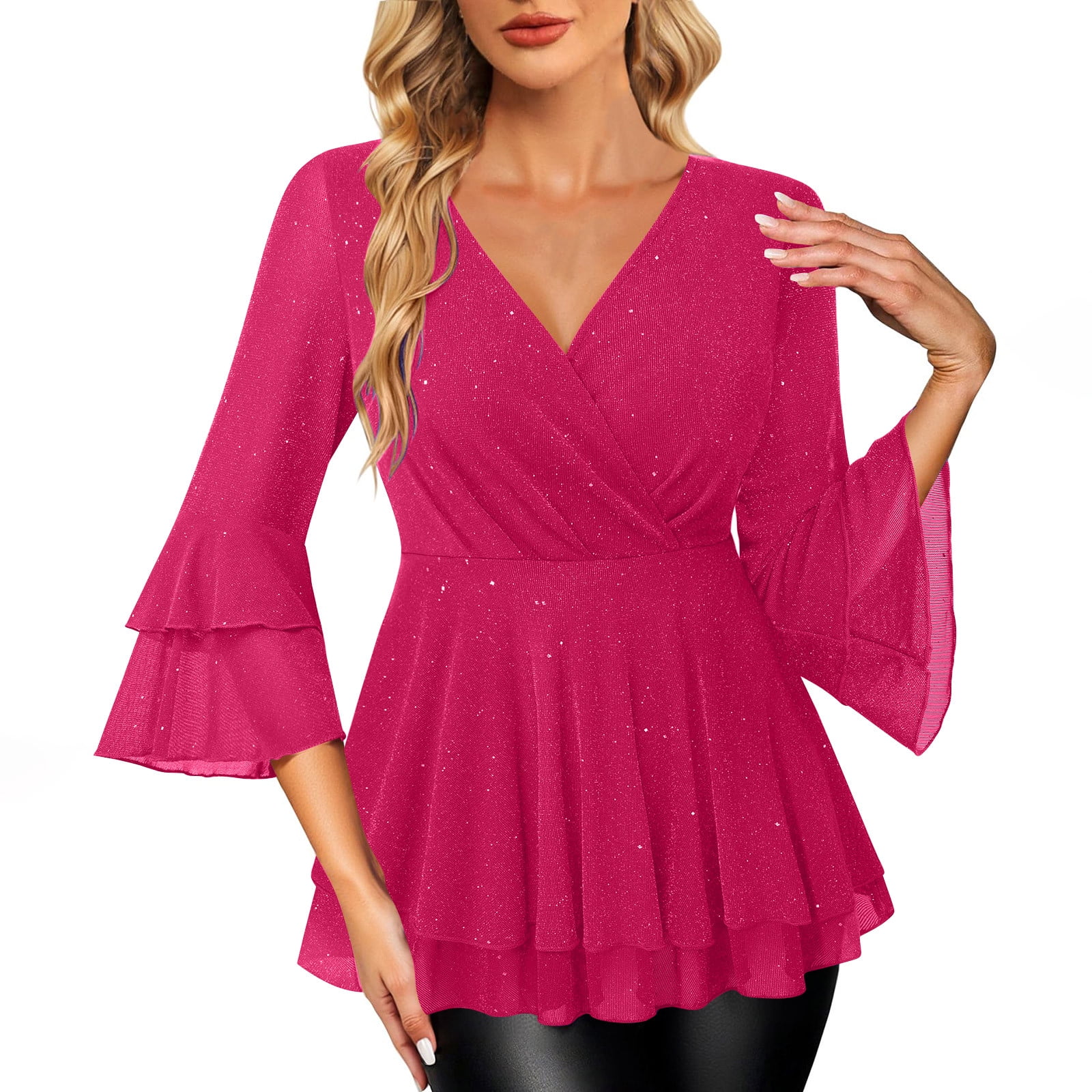 Maplenight Womens Sparkly Tops Dressy Ruffle 3/4 Sleeve Blouses Mesh ...