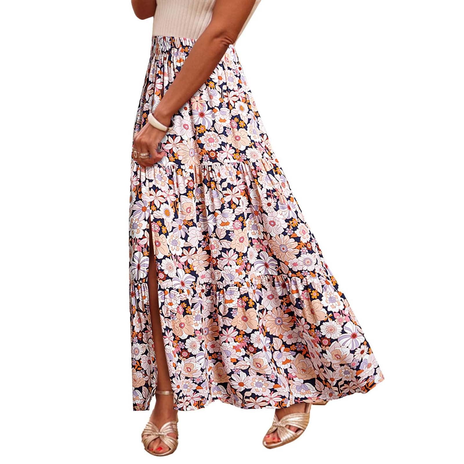 Maplenight Womens Spring Summer Boho Skirt Floral Print High Waist ...
