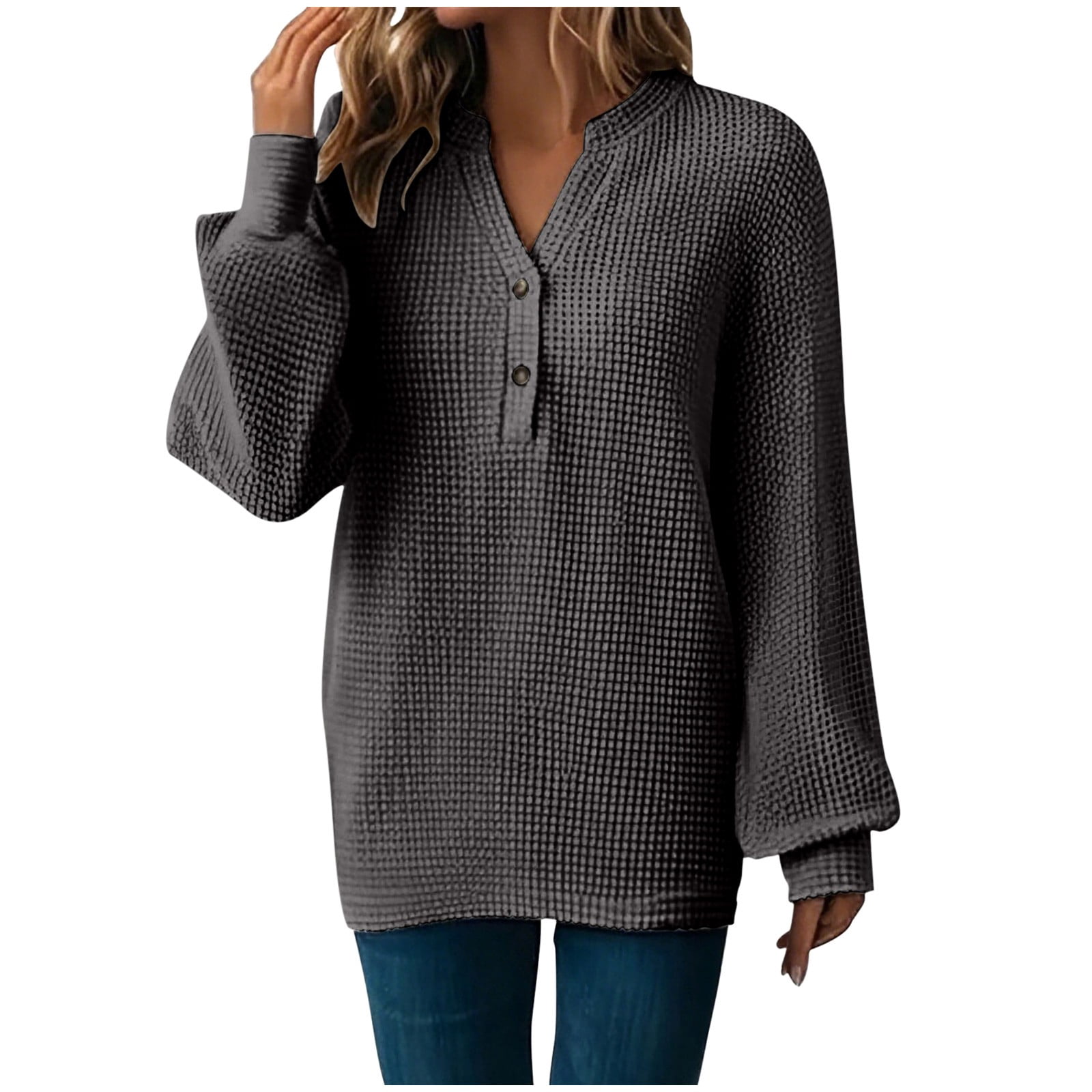 Maplenight Womens T Shirts Waffle V Neck Button Long Sleeve Lightweight ...