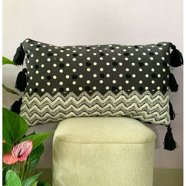 Maplepad Handblock Cushion Cover Boho Black Lumbar 12"X20" PK1 ...