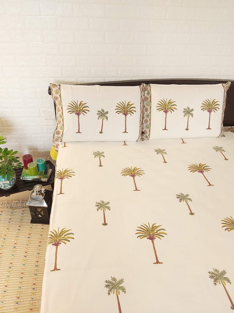 Maplepad Handblock Palm Tree Print Cotton Double Bedsheet With Two ...
