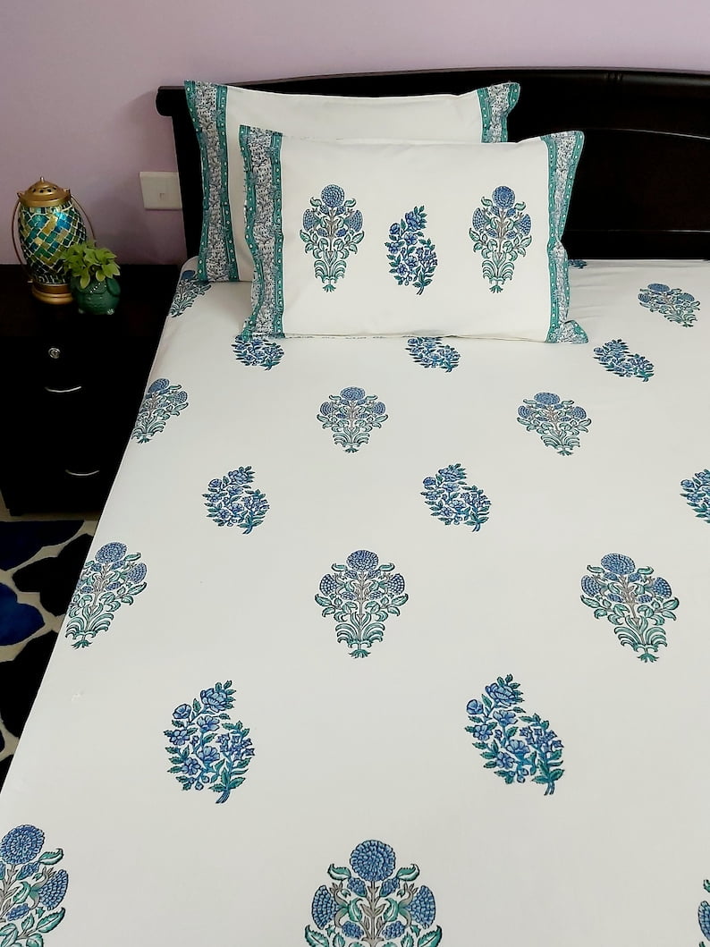 Maplepad Handblock Turquoise Floral Motif Cotton Double Bedsheet with ...