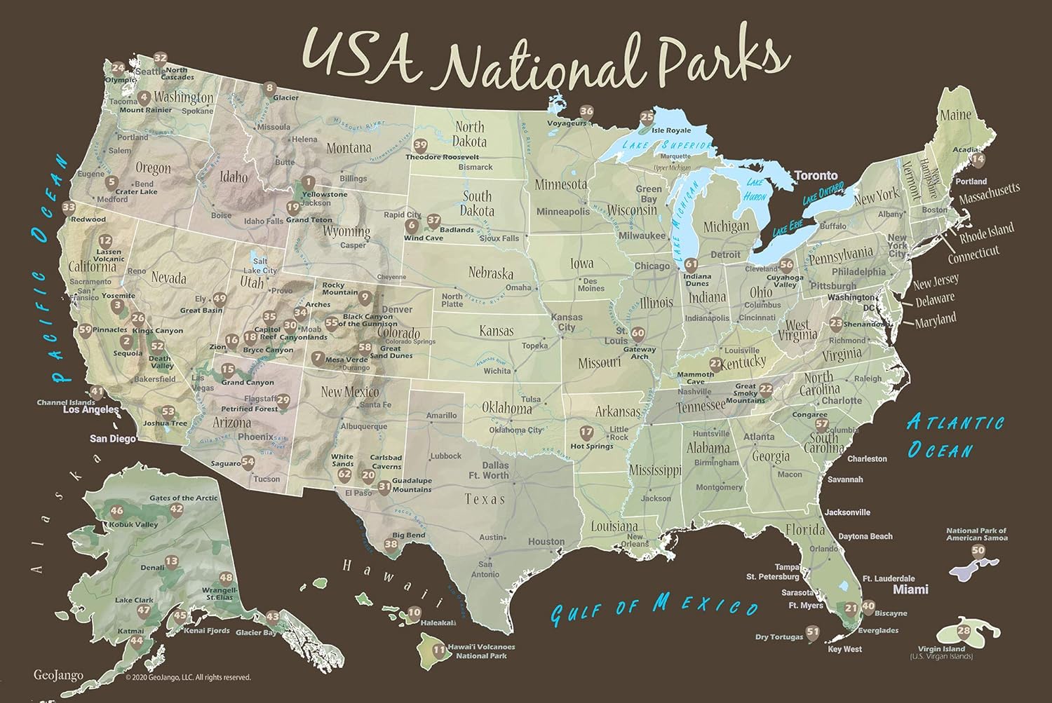 Maps | USA National Park Sticker Map - Brown Edition | 24x16 24x18 ...