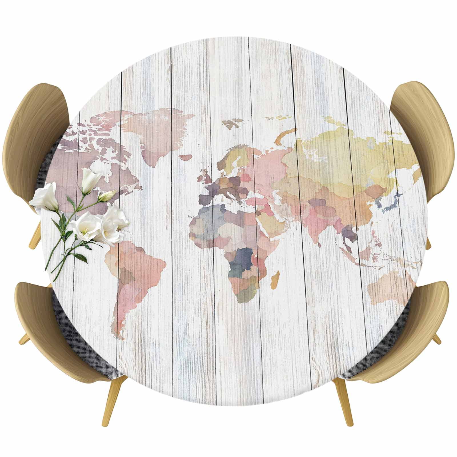 Maps Of The World Round Fitted Tablecloth with Elastic Edge, Retro ...
