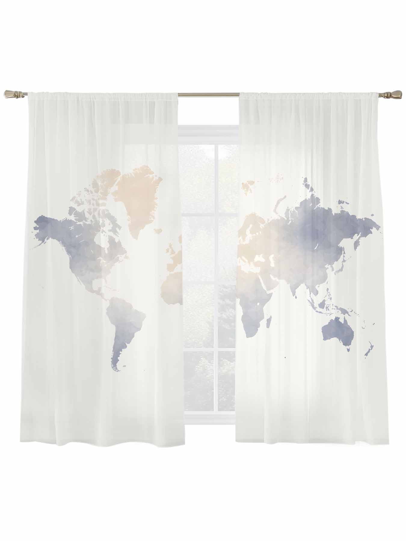 Maps Of The World Sheer Curtains for Living Room Bedroom, Blue Ombre ...
