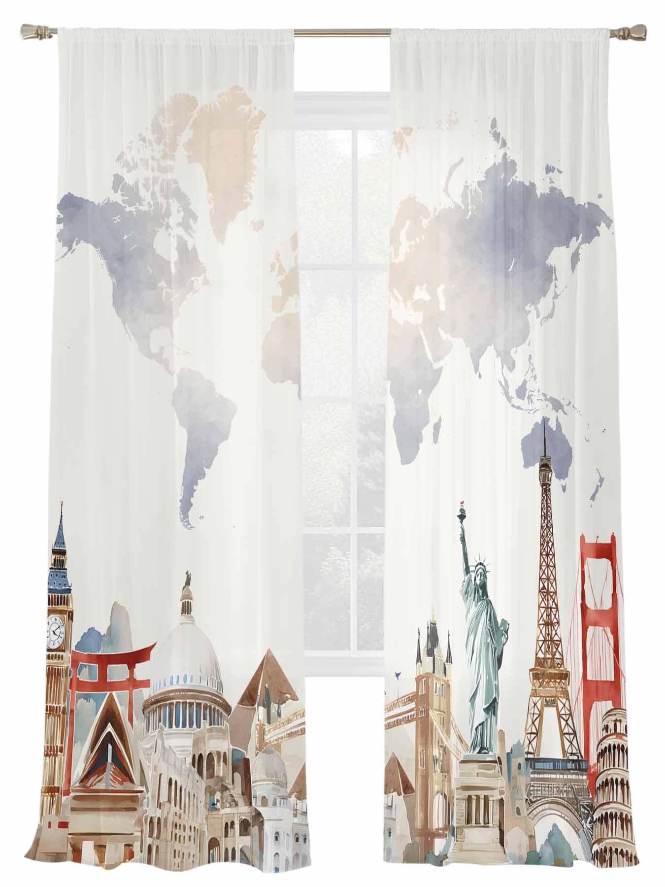 Maps Of The World Sheer Curtains for Living Room Bedroom, Earth Famous ...
