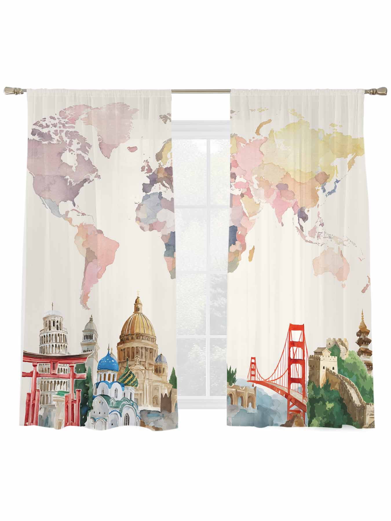 Maps Of The World Sheer Curtains for Living Room Bedroom, Famous ...