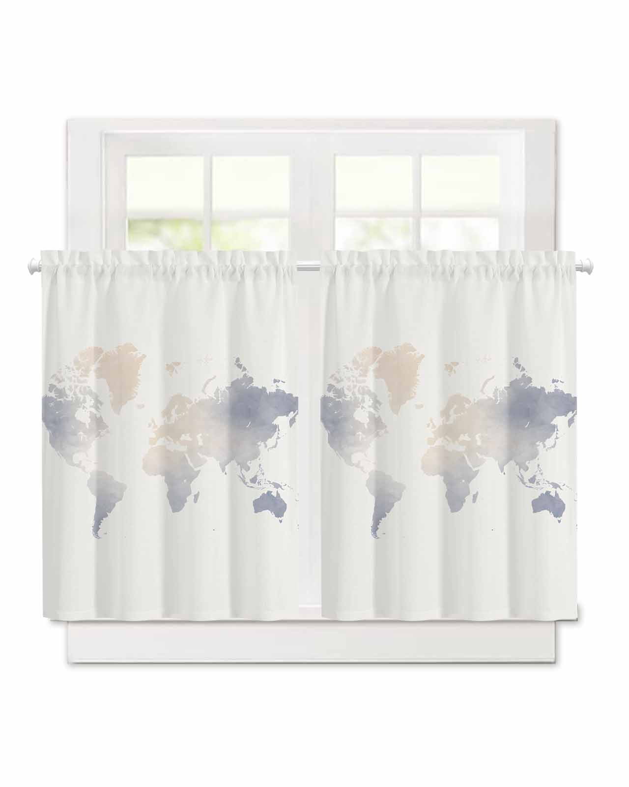 Maps Of The World Short Blackout Curtains 24 Inch Long Blue Ombre Retro ...