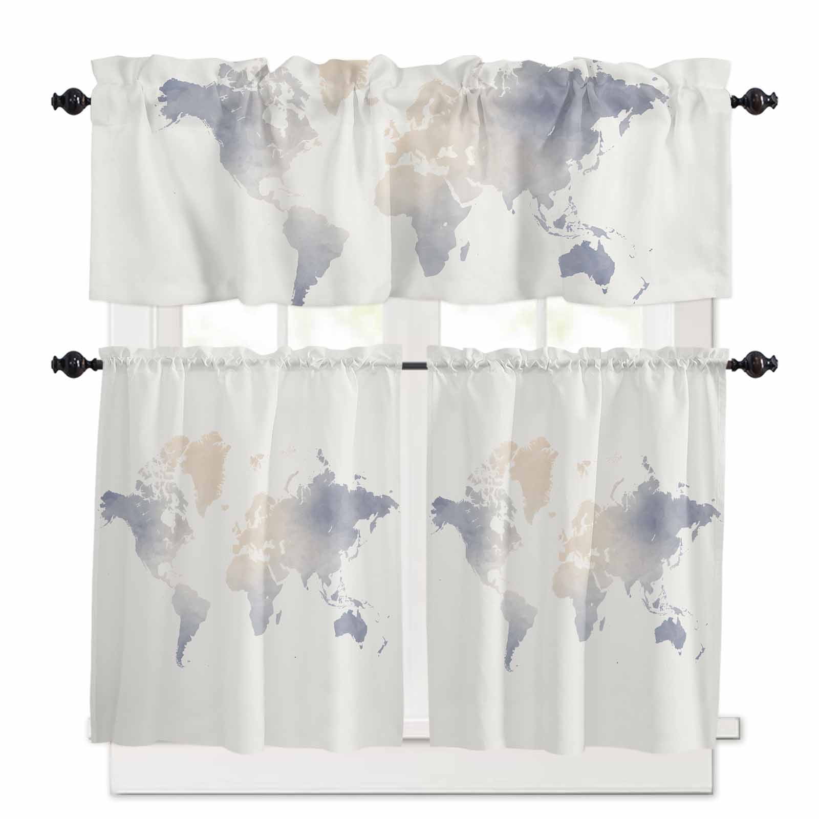 Maps Of The World Window Curtains Valance Set of 3 Blue Ombre Retro ...