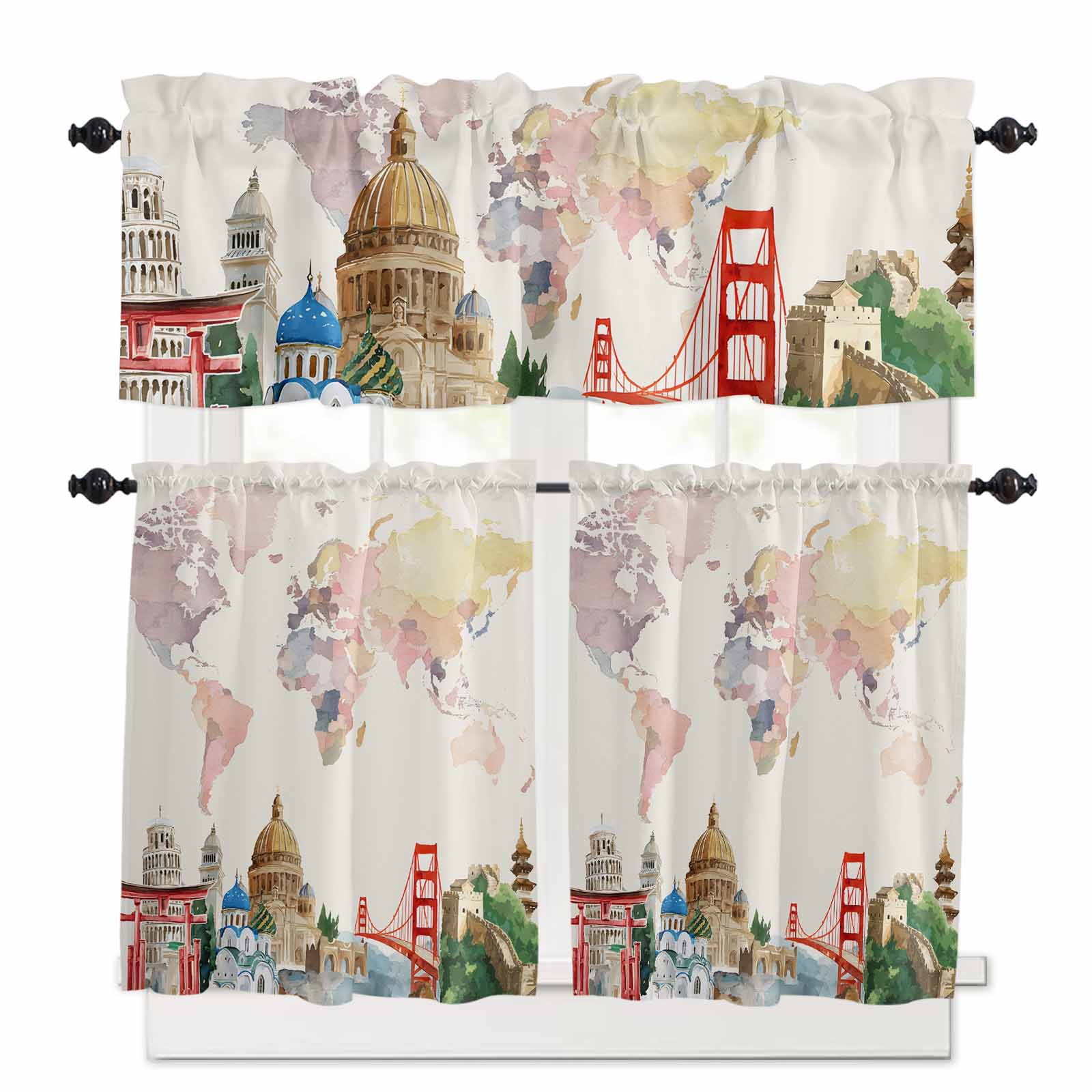 Maps Of The World Window Curtains Valance Set of 3 Famous Buildings ...