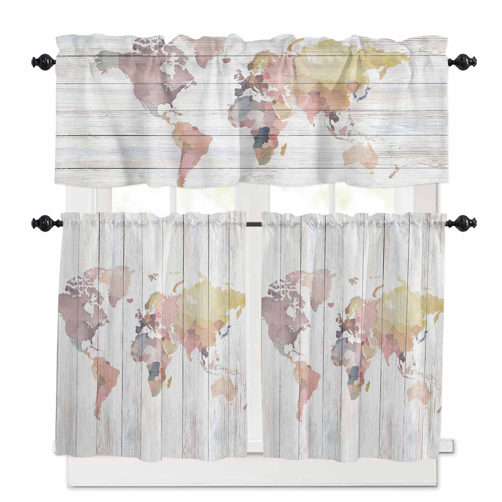 Maps Of The World Window Curtains Valance Set of 3 Retro Earth Tourism ...