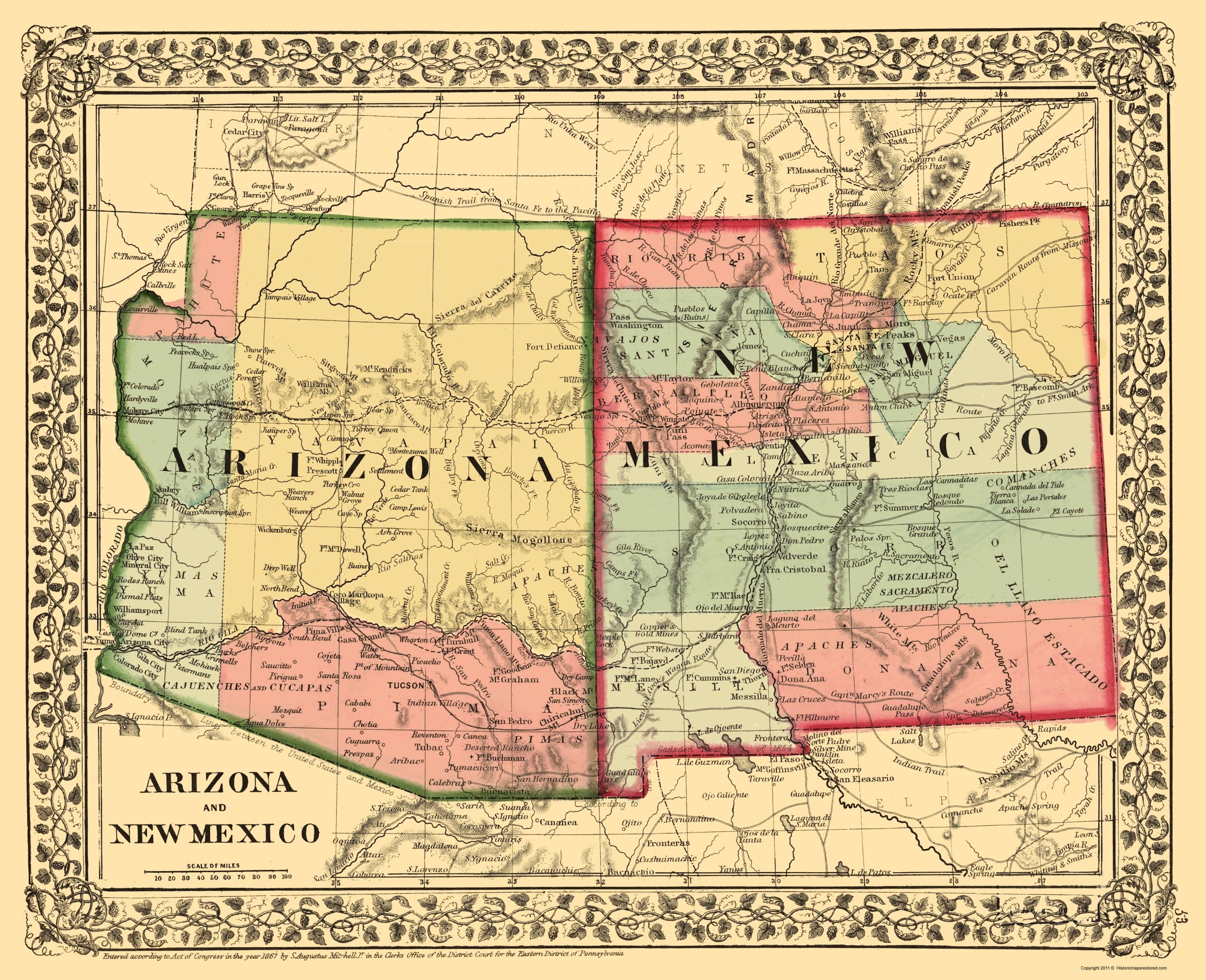 Historic State Map - New Mexico Arizona - Mitchell 1867 - Vintage Wall ...