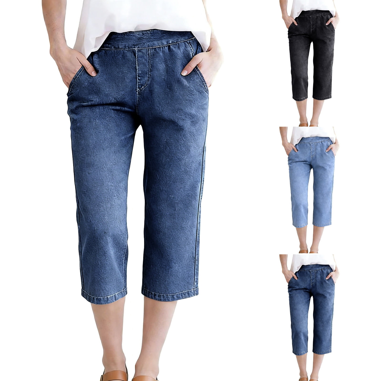 Maqroz Denim Capris for Women Stretch Pull on Plus Size Elastic High ...