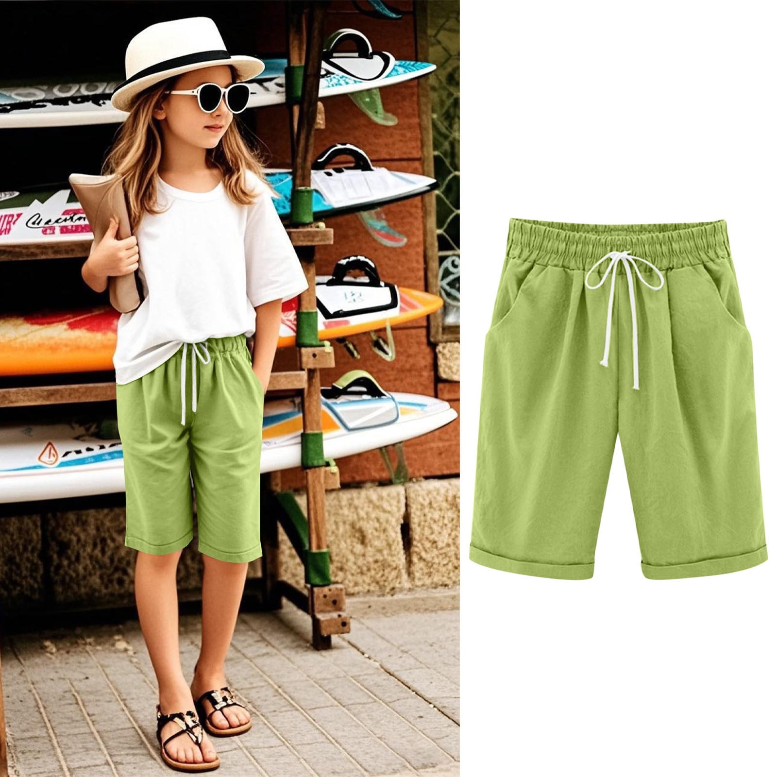 Maqroz Little Girls Linen Texture Shorts Rolled Cuff Summer Beach Hot ...