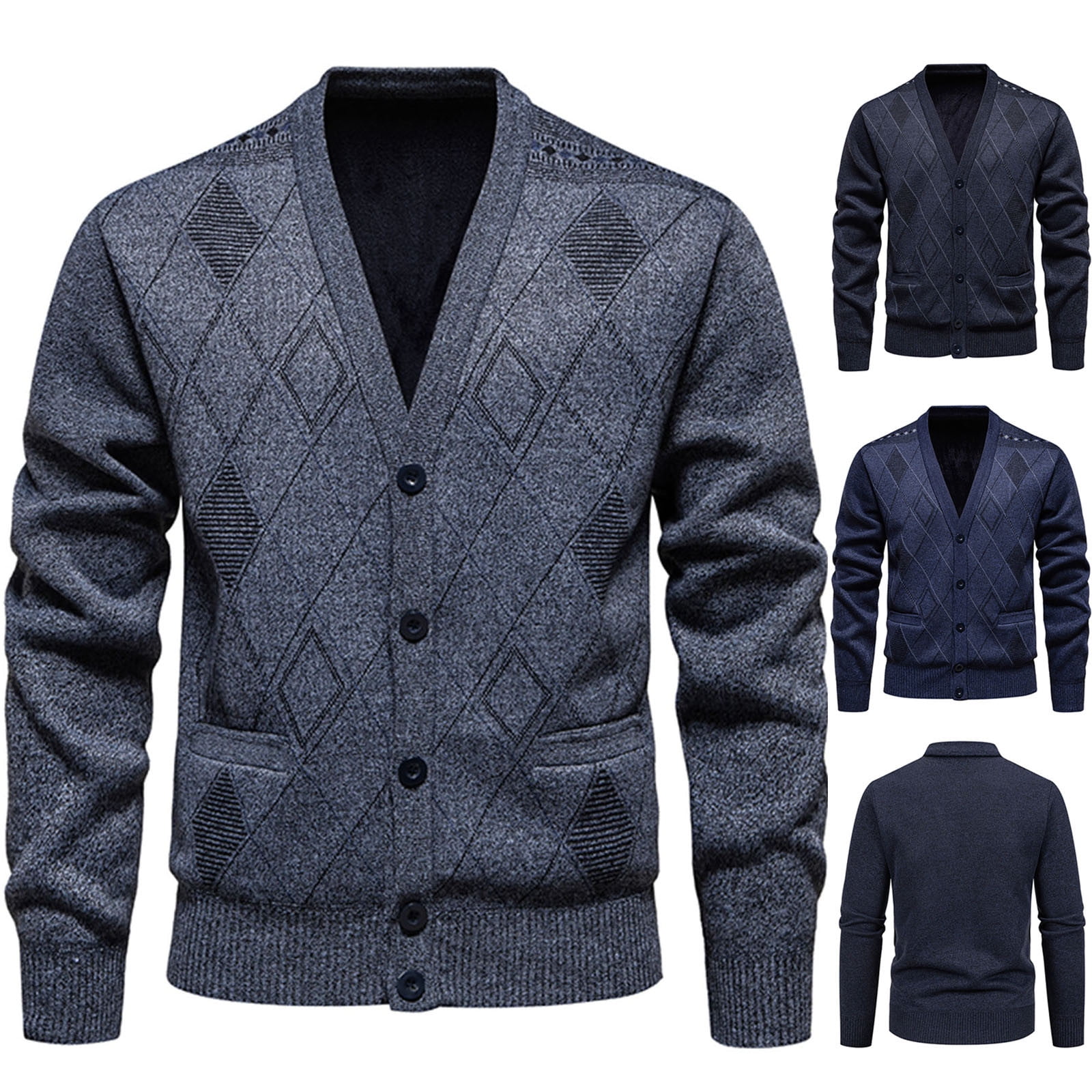 Maqroz Mens Classic Cardigan Button Up V Neck Sweater Diamond Pattern ...
