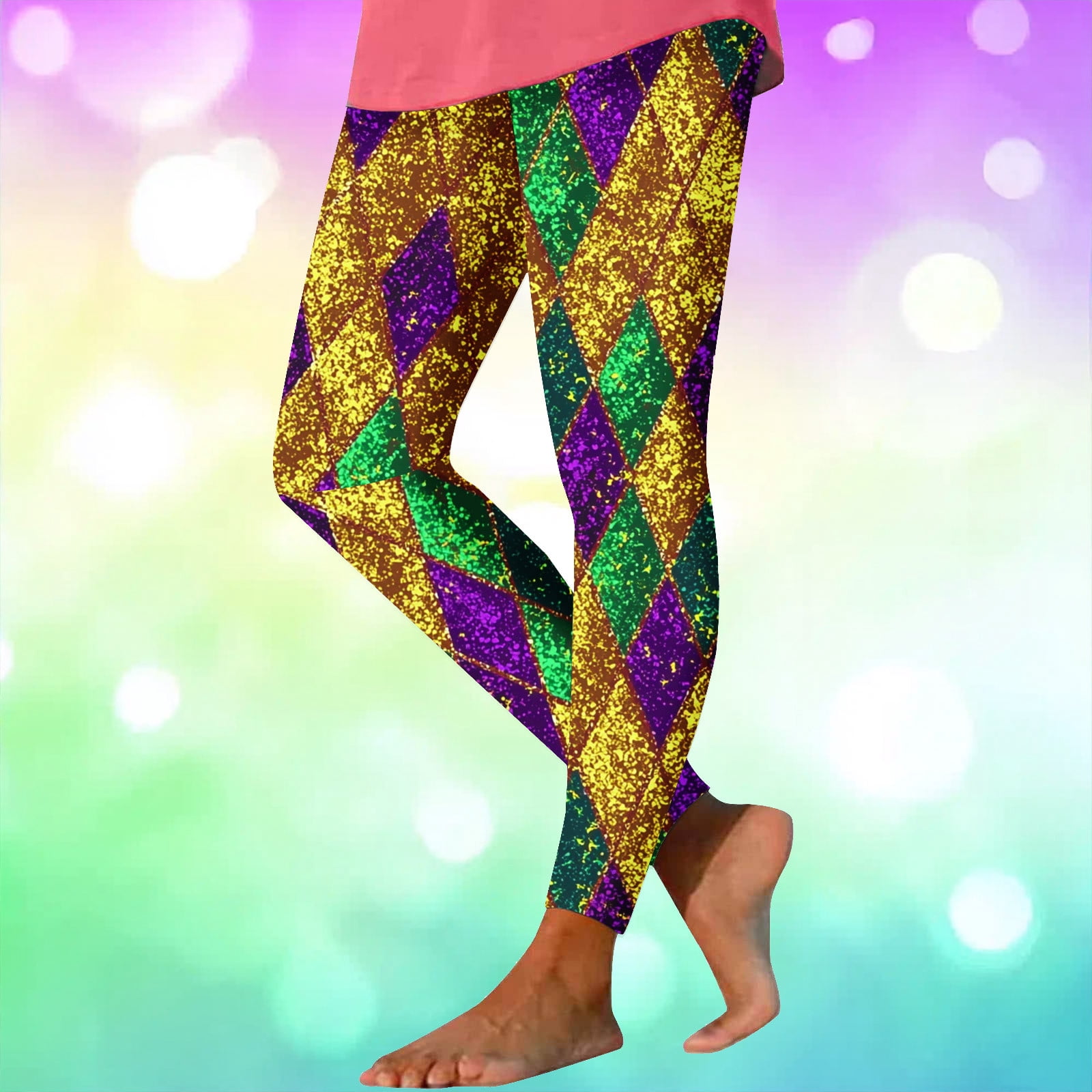 Maqroz Women's Mardi Gras Leggings Harlequin Diamond Print Glitter ...