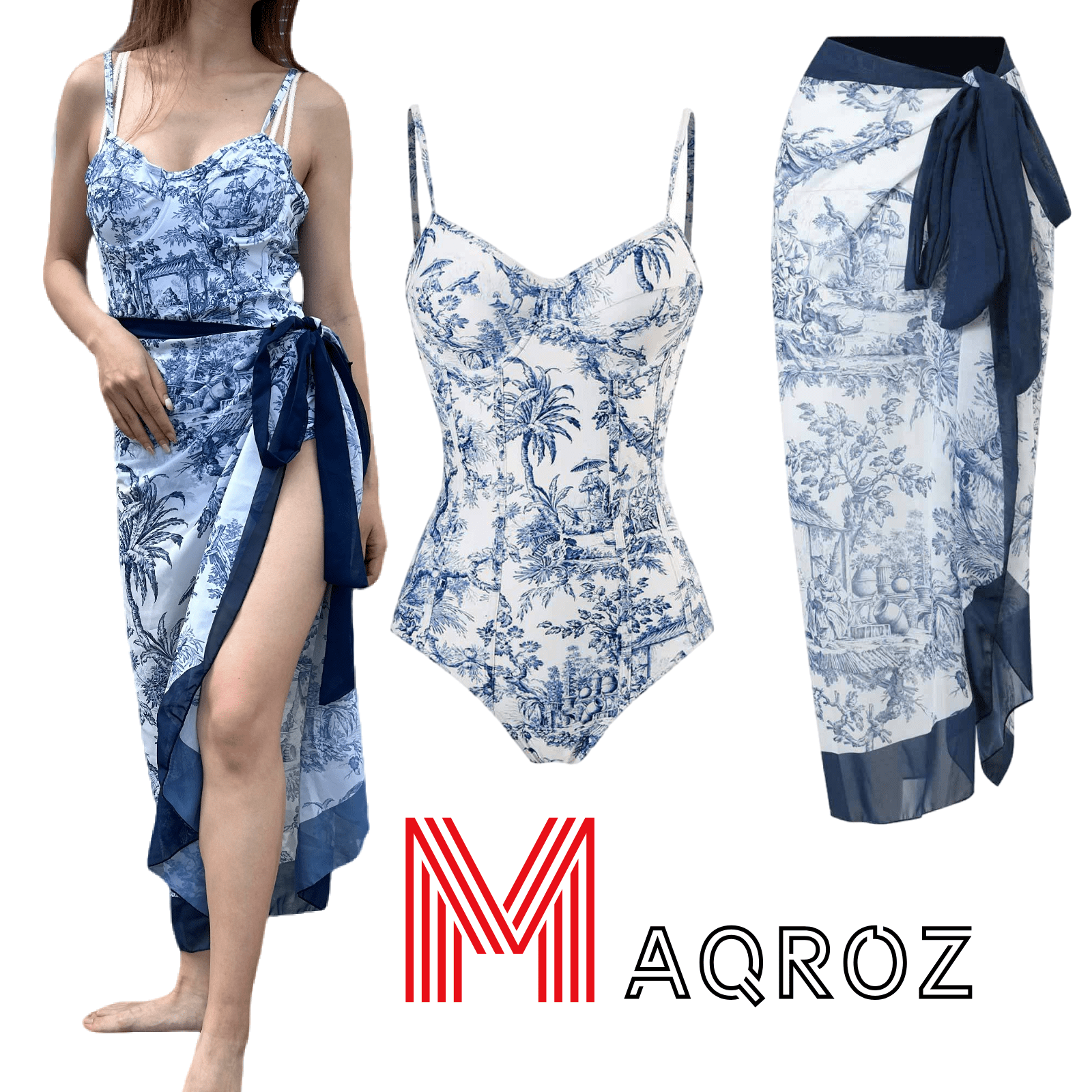 Maqroz Women's One Piece Bathing Suit Tropical Print V Neck Swimsuit ...
