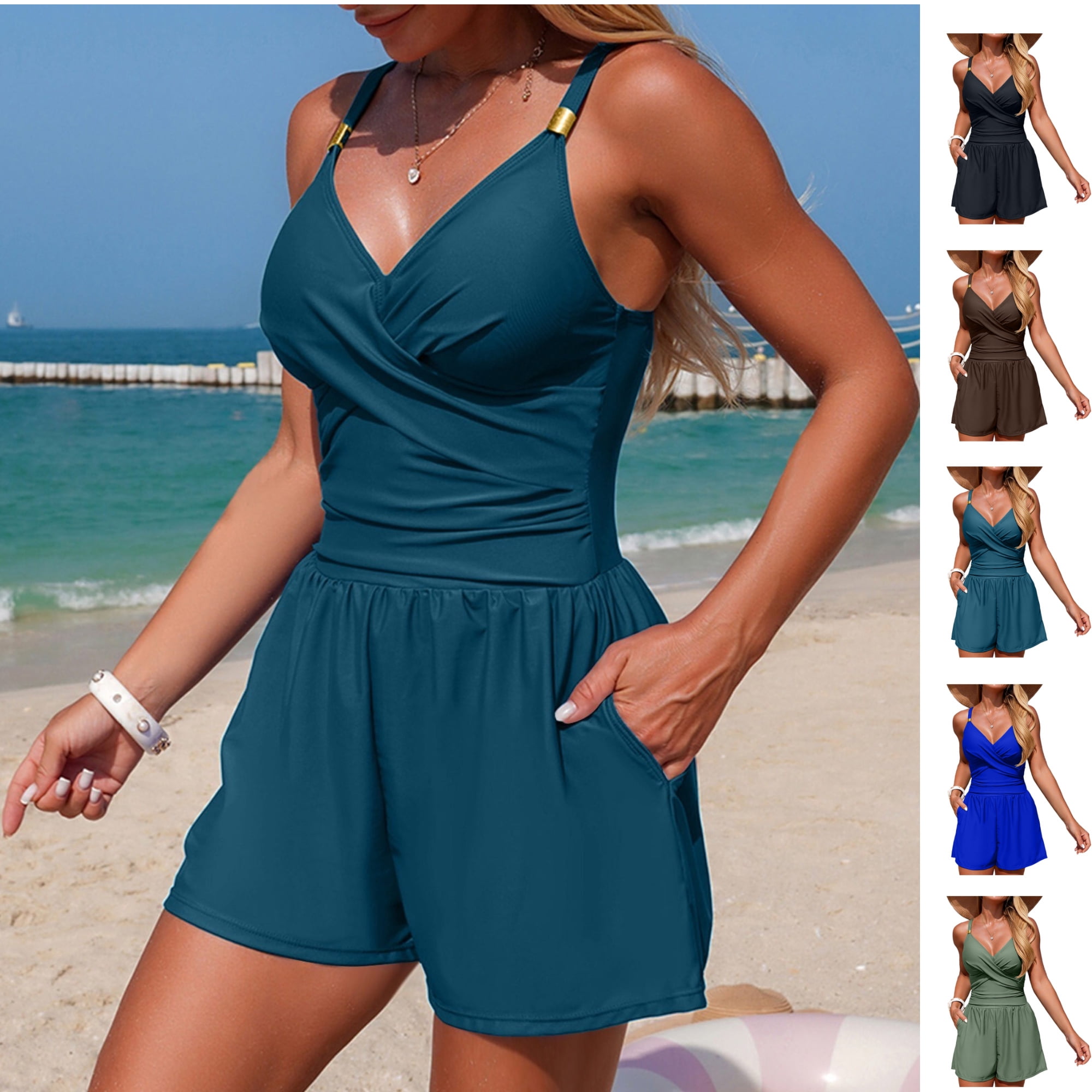 Maqroz Women's Romper Swimsuits Wrap Front One Piece with Shorts ...