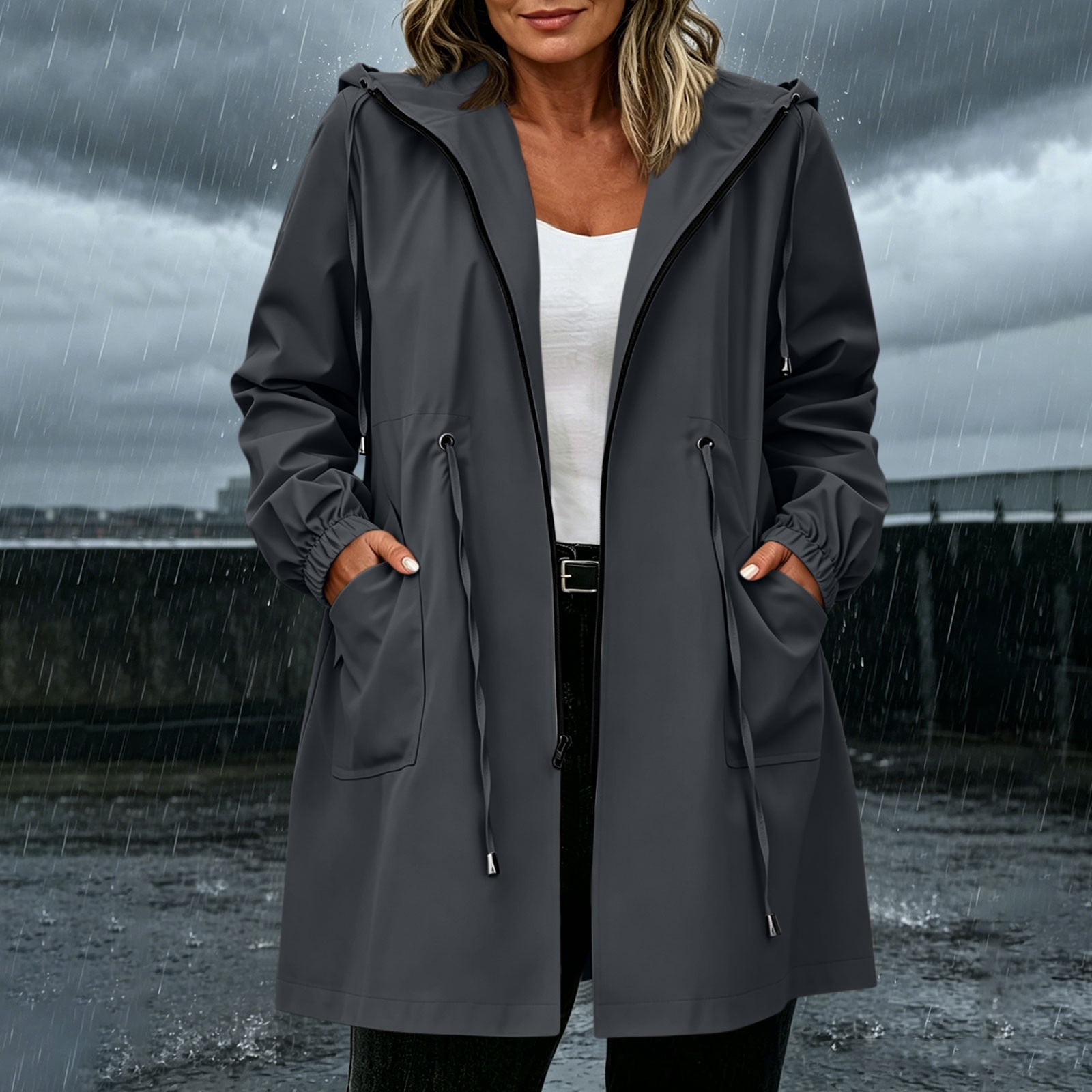 Maqroz Womens Rain Coat with Hood Adjustable Cinch Waist Long ...