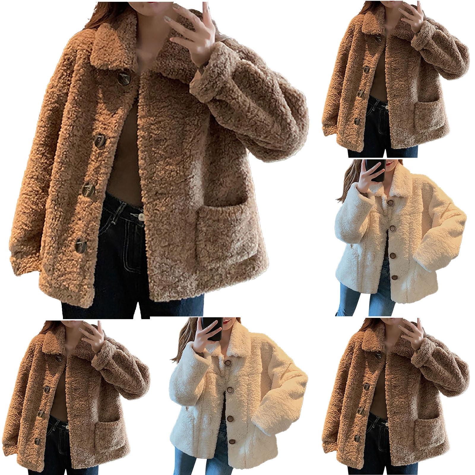 Maqroz Womens Winter Coat Fleeced Sherpa Coats Button Up Lapel Jacket ...