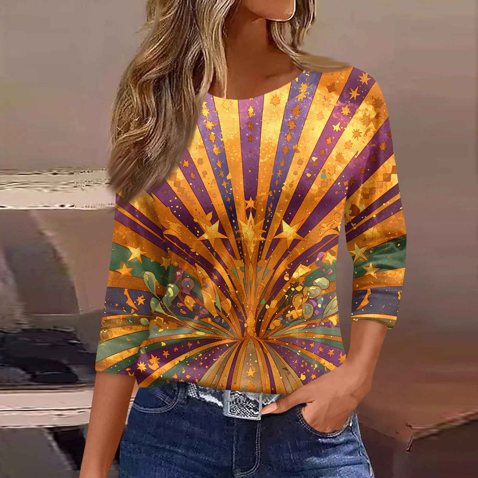 Mar-di Gras Shirts for Women 3/4 Sleeve Mask Graphic Blouse Carnival Themed Tees Party 3D Print ...