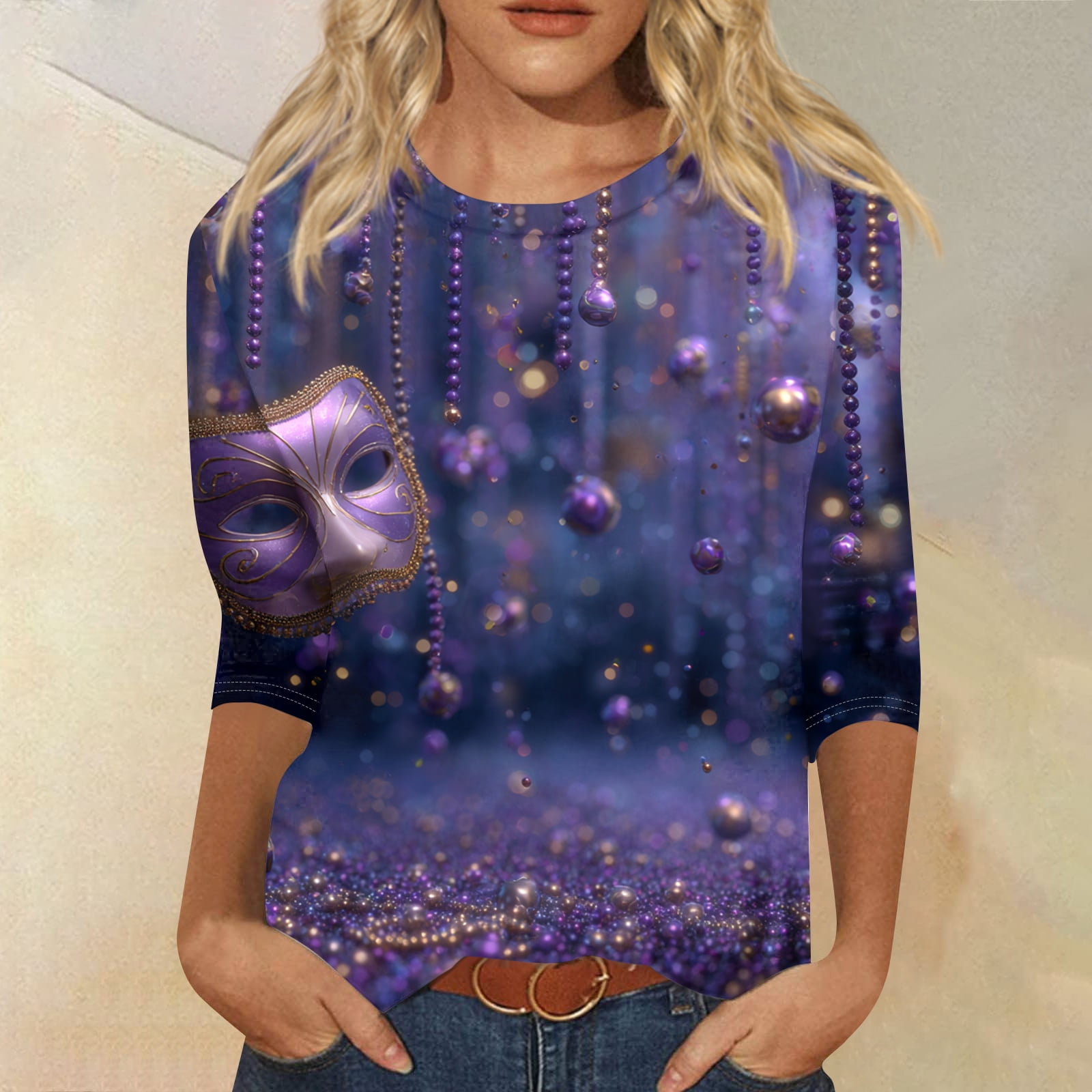 Mar-di Gras Tops T-Shirt Blouse for Womens 3/4 Sleeve Mask Graphic Tee Blouse Carnival Themed ...
