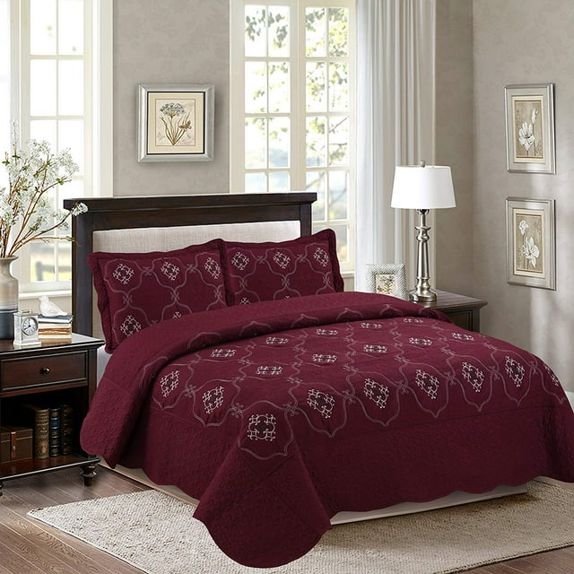 MarCielo 3-Piece Quilted Embroidery Bedspread Set, Comfort Cotton, Cal ...