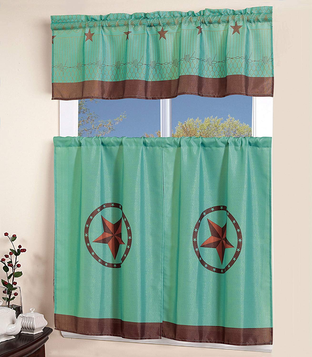 MarCielo 3 Piece Printed Western Texas Star Kitchen/Cafe Curtain With ...