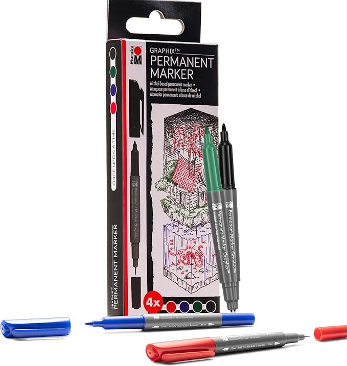 Marabu Dual Tip Permanent Markers - 4 Fine & Ultra Fine Point Permanent Markers for Artists and ...