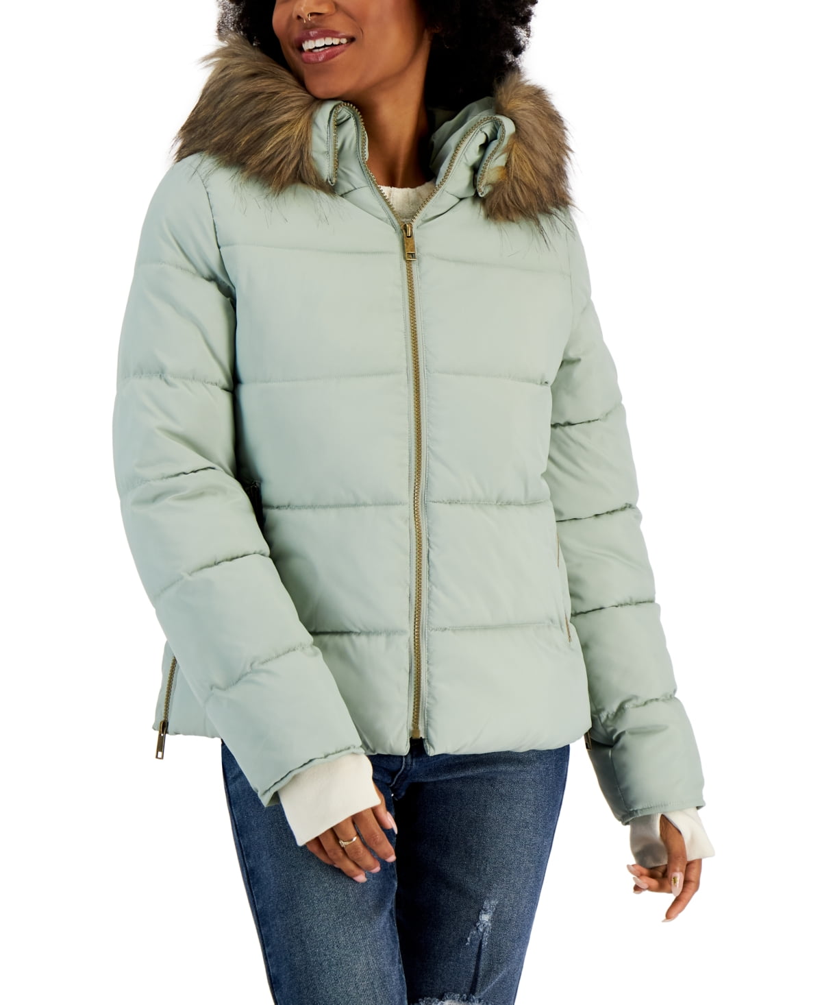 Maralyn & Me PISTACHIO GREEN Juniors' Faux-Fur-Trim Hooded Puffer Coat ...