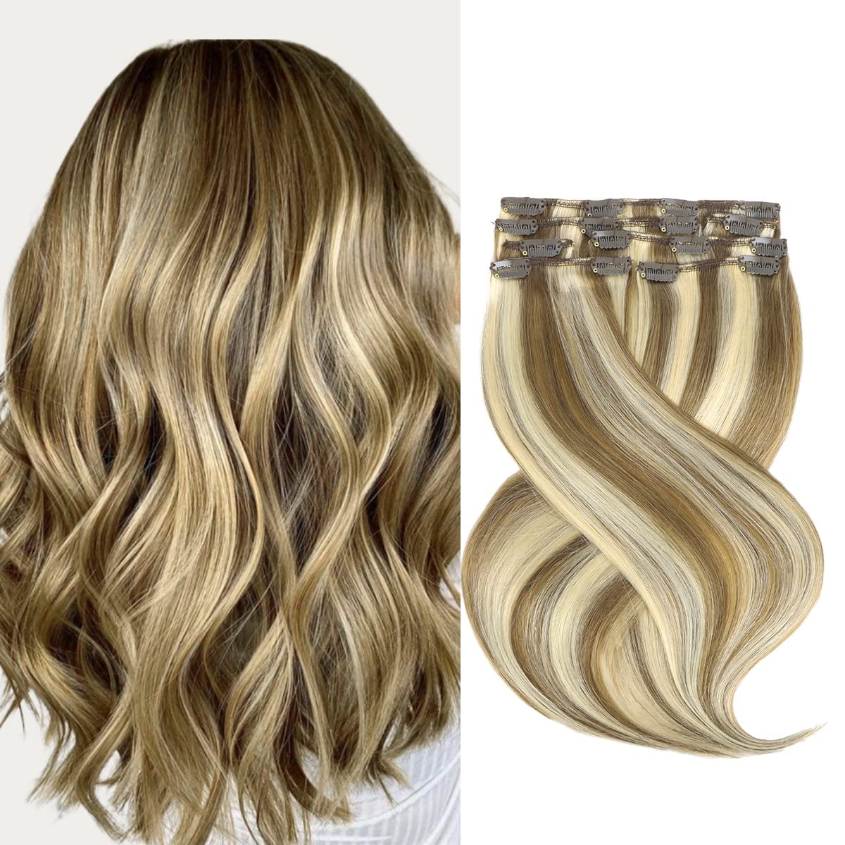 Marat Hair Extensions Clip in Human Hair, Medium Brown Highlighted Golden Blonde Clip in Hair ...