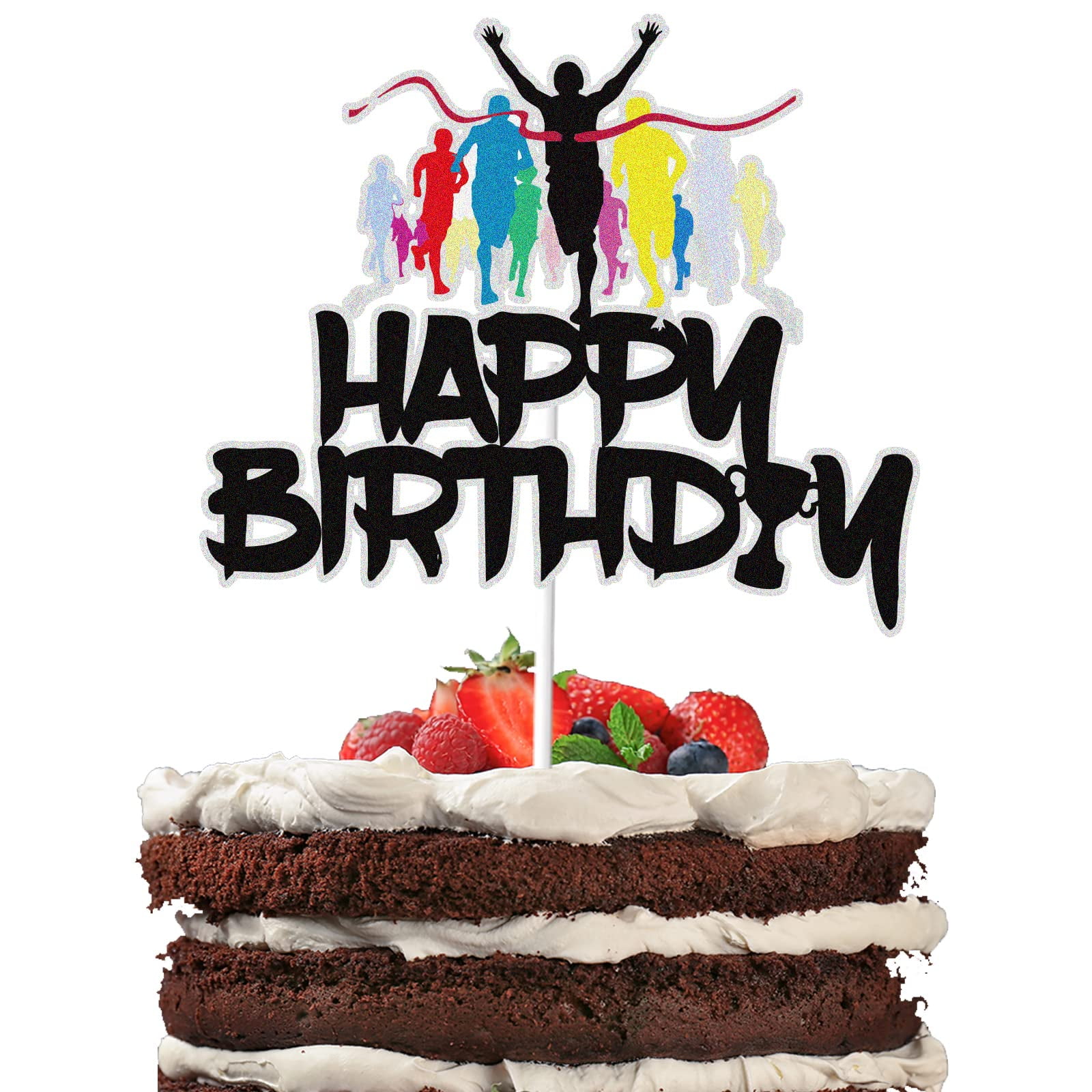 Marathon Happy BirthdayTRDN Cake Topper Black Glitter Athletics Runners ...