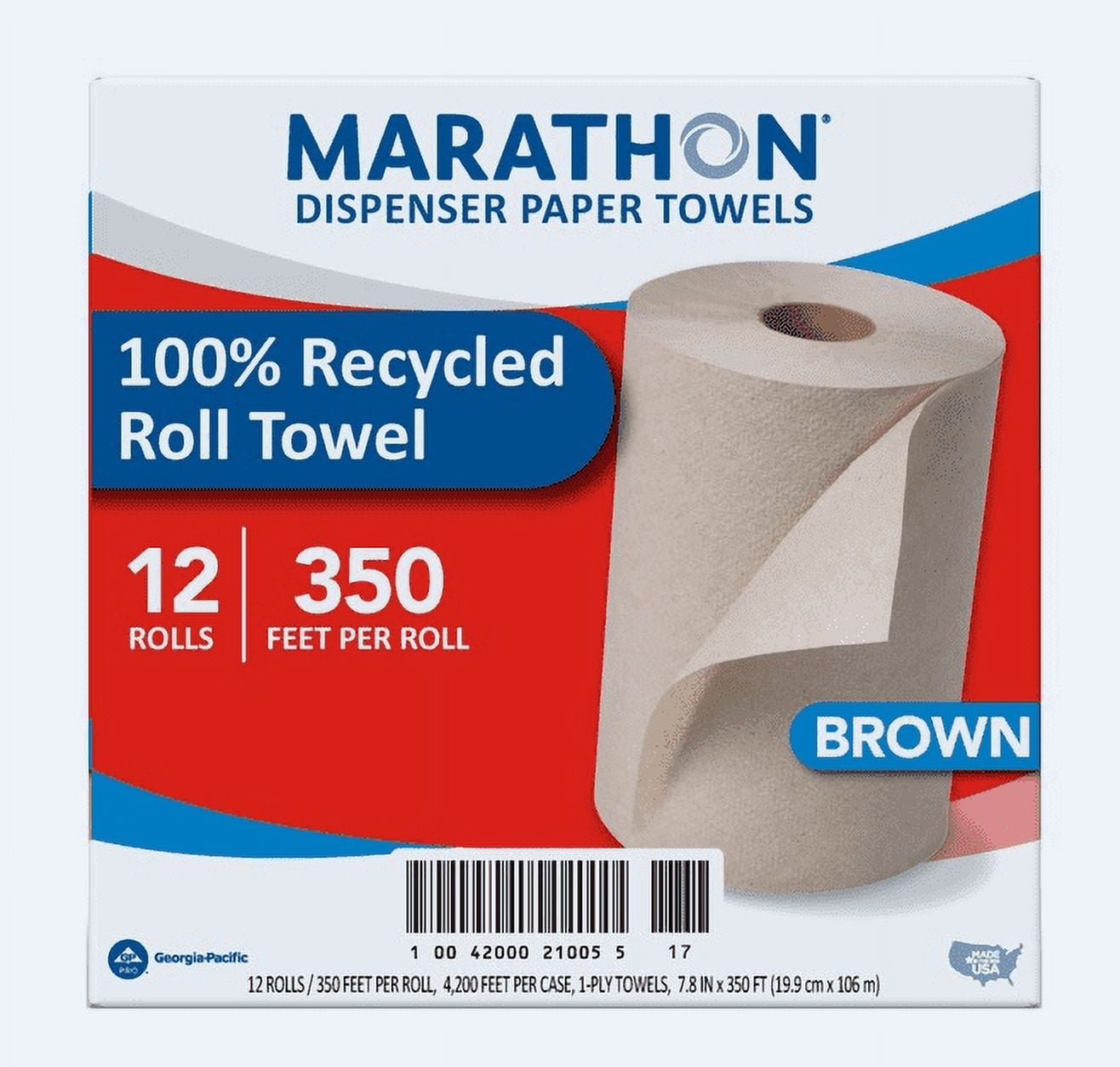 Marathon 1-Ply Brown Paper Towel, 350 Foot Rolls, 12 Count, 40% Post ...