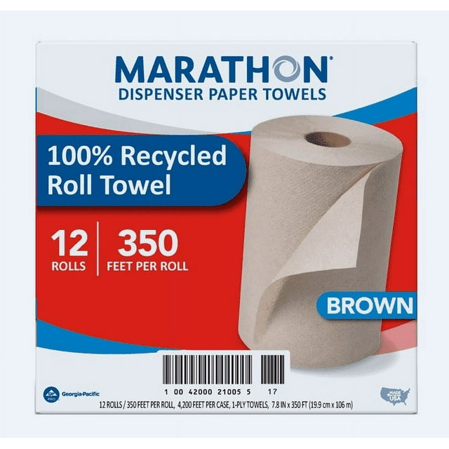 Marathon 1-Ply Brown Paper Towel, 350 Foot Rolls, 12 Count, 40% Post ...