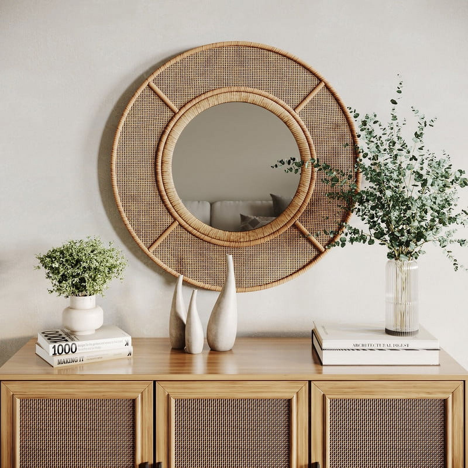 Maraya Tan Rattan-Bamboo Round Boho Wall Mirror - Walmart.com