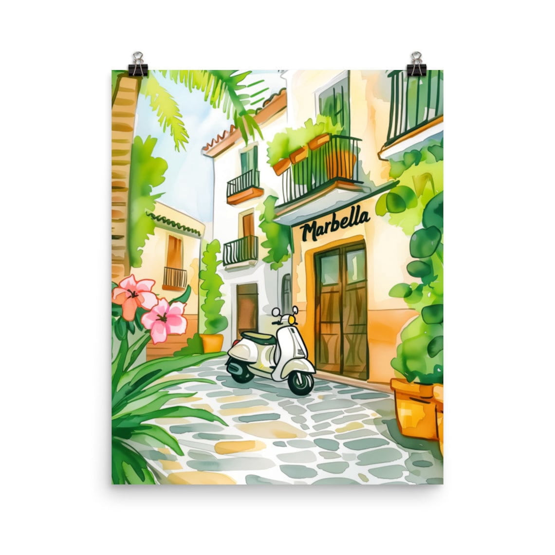 Marbella Print, Spanish Courtyard Scooter Art, Costa Del Sol Wall Decor ...