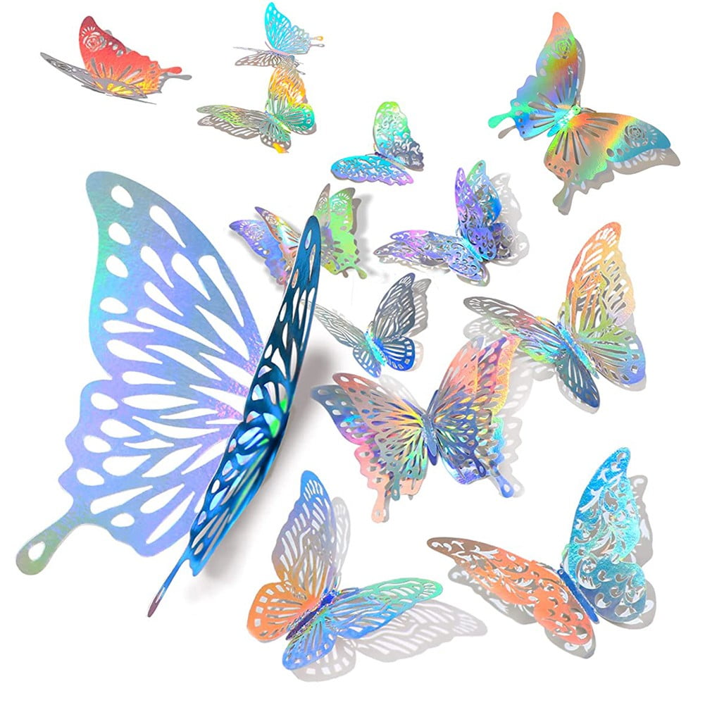 Marbhall 60 Pcs 3D Iridescent Silver Butterfly Wall Stickers Decals ...
