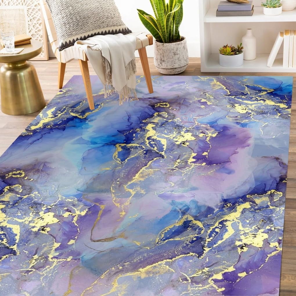 Marble Abstract Indoor Outdoor Area Rug Purple Blue Gold Modern ...