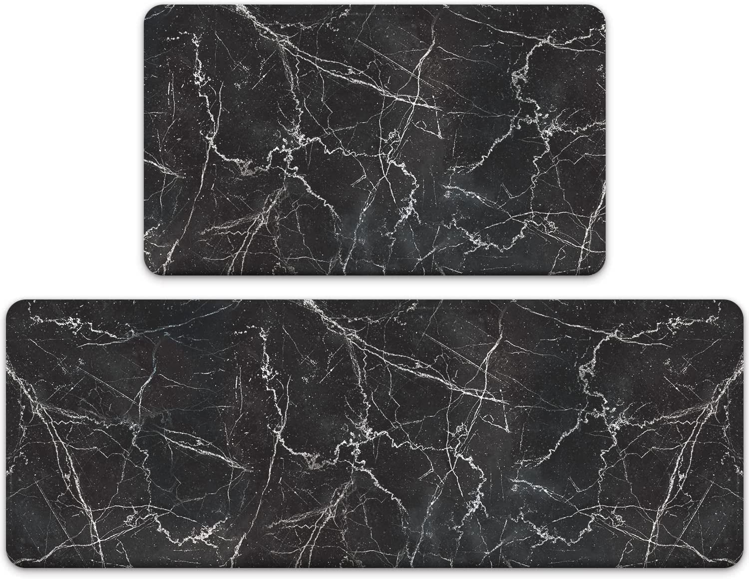 Marble Anti Fatigue Kitchen Mat Set of 2 Pieces Black Kitchen Rugs and ...