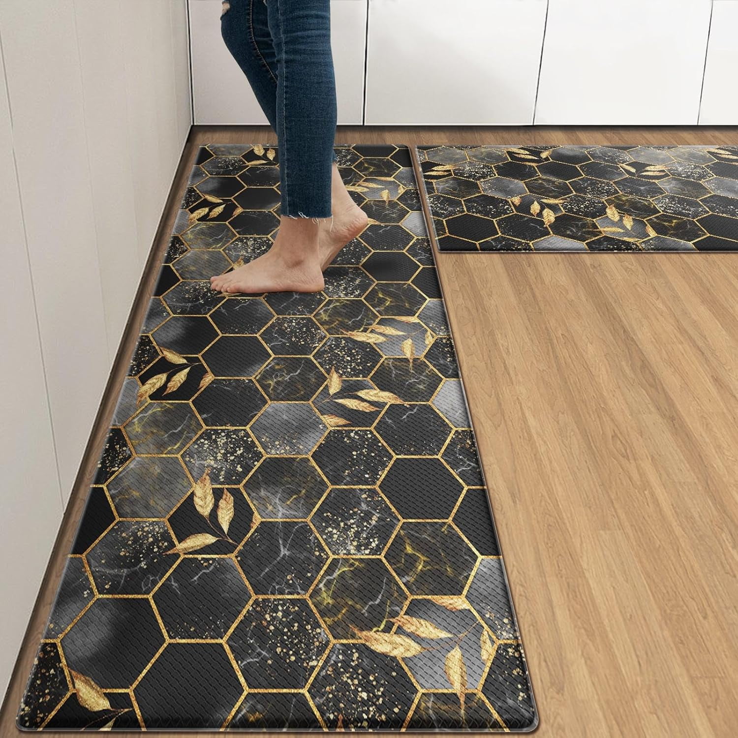 Marble Anti-Fatigue Kitchen Rug Set of 2 Black Gold Honeycomb Vintage ...