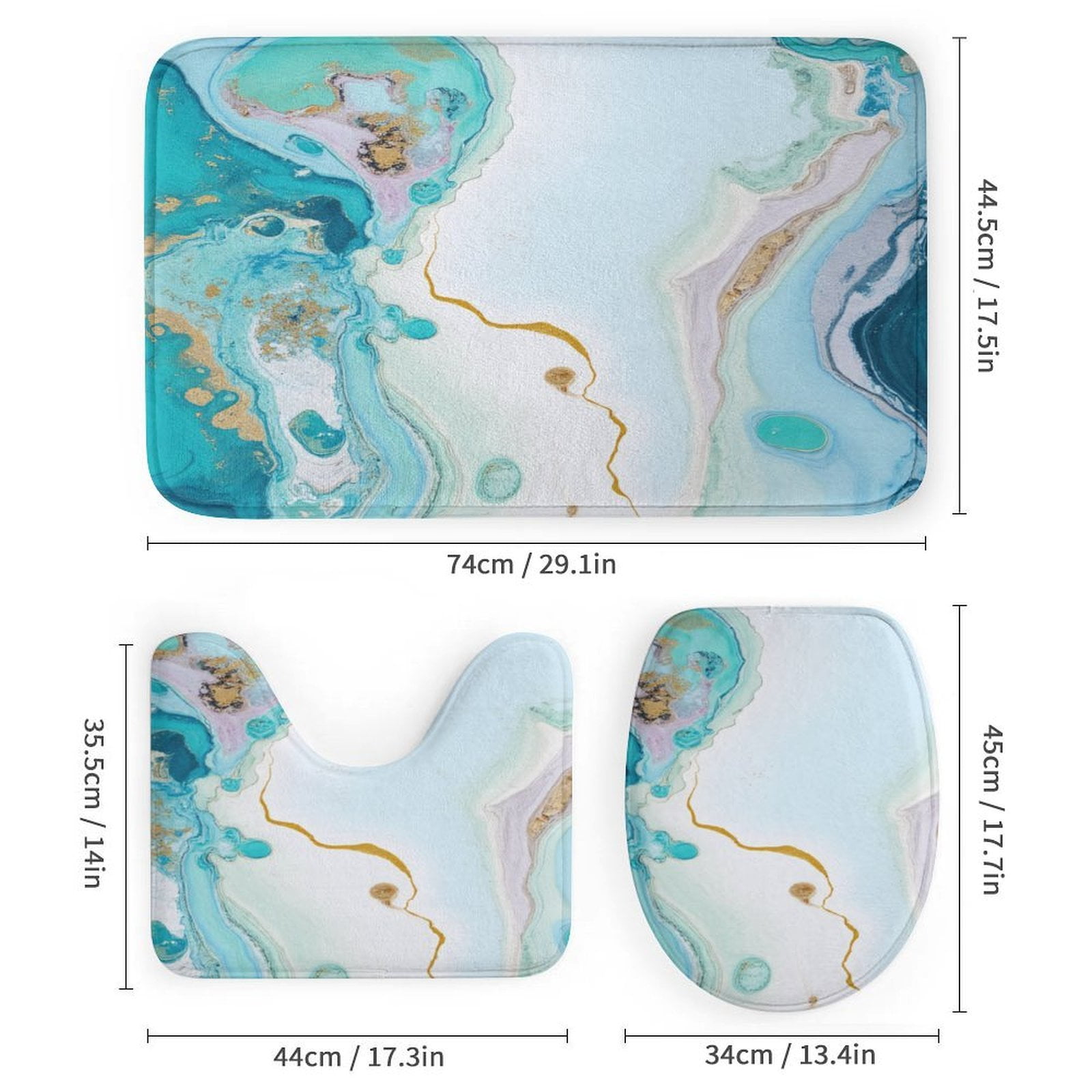 Marble Aqua Gold Abstract Bathroom Rugs Sets 3 Piece Toilet Lid Cover ...