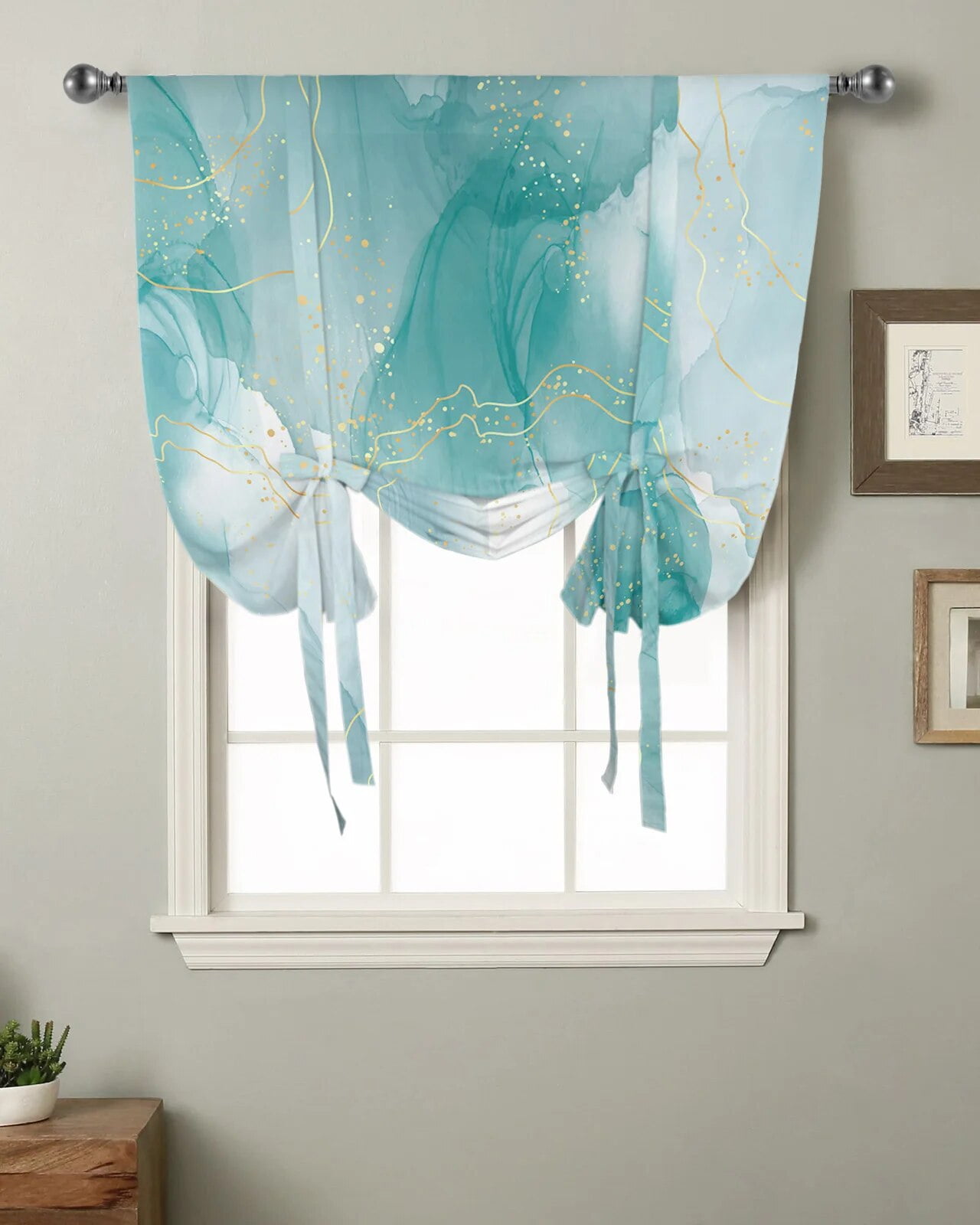 Marble Aqua Green Gradient Kitchen Short Window Curtain Rod Pocket ...