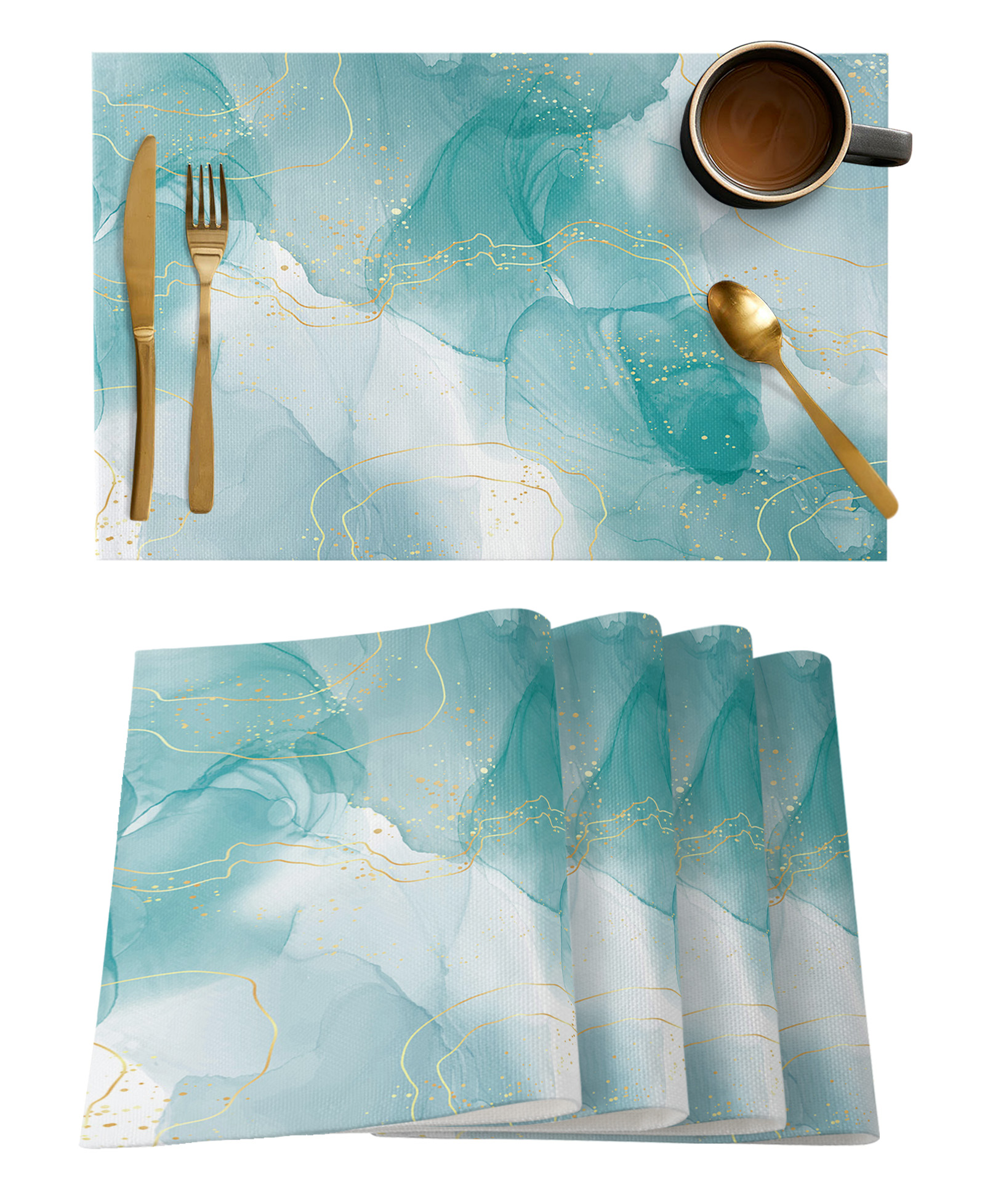 Marble Aqua, Placemats Set of 6, Gradient Gold Aesthetics Abstract ...