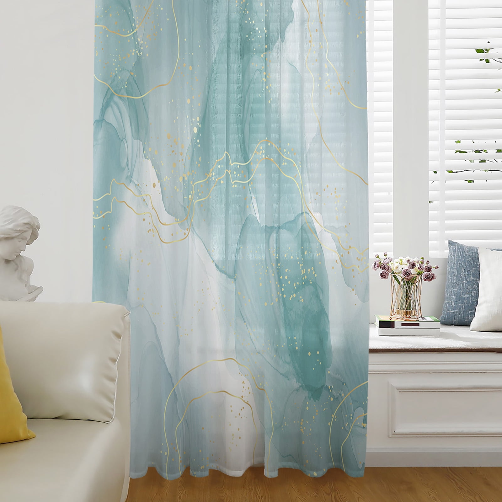 Marble Aqua Window Curtain 72 Inches Long,Gradient Gold Aesthetics ...